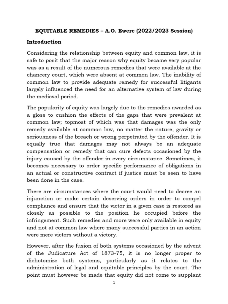 EQUITABLE REMEDIES - 2022-2023-7 and 10-11-2023 | PDF | Equity (Law ...