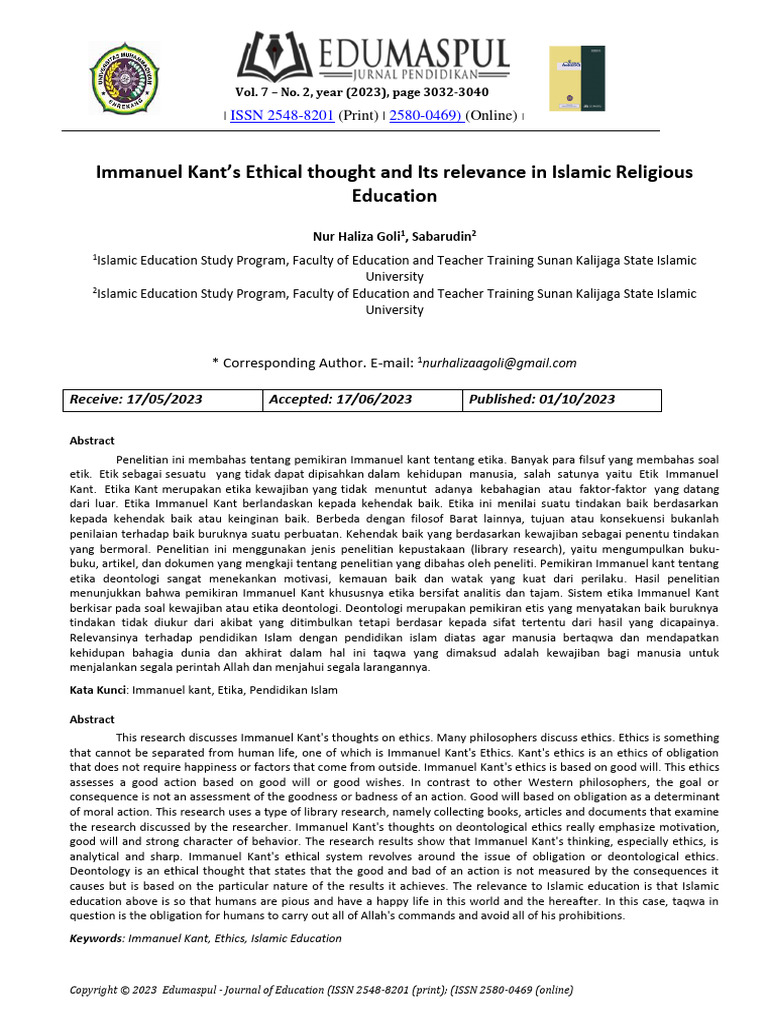 Immanuel Kant's Ethical Thought and Its Relevance in Islamic Religious ...