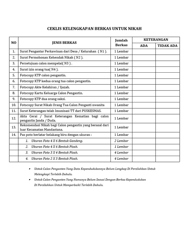 Ceklis Kelengkapan Berkas Untuk Nikah | PDF