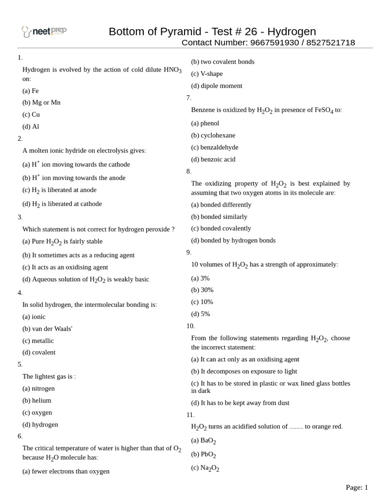 Test 26 - Hydrogen - Bottom of Pyramid | PDF | Hydrogen Peroxide ...