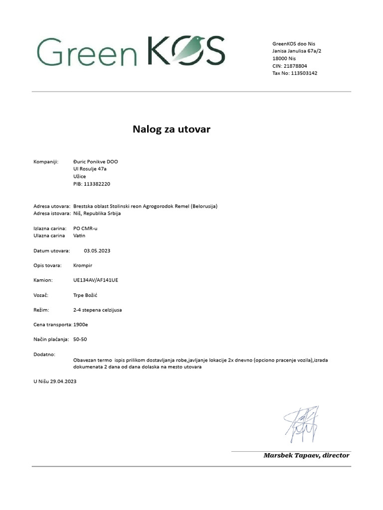 nalog za utovar 29.04.2023 | PDF