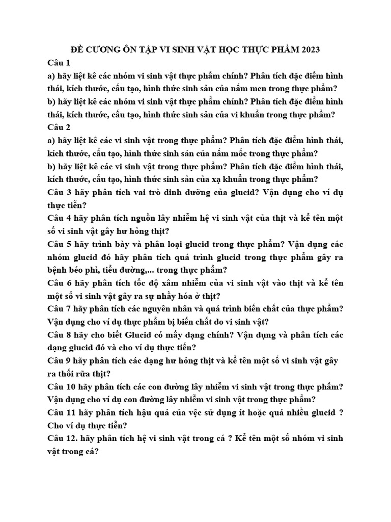 Câu hỏi ôn tập VSV học thực phẩm 2023 | PDF