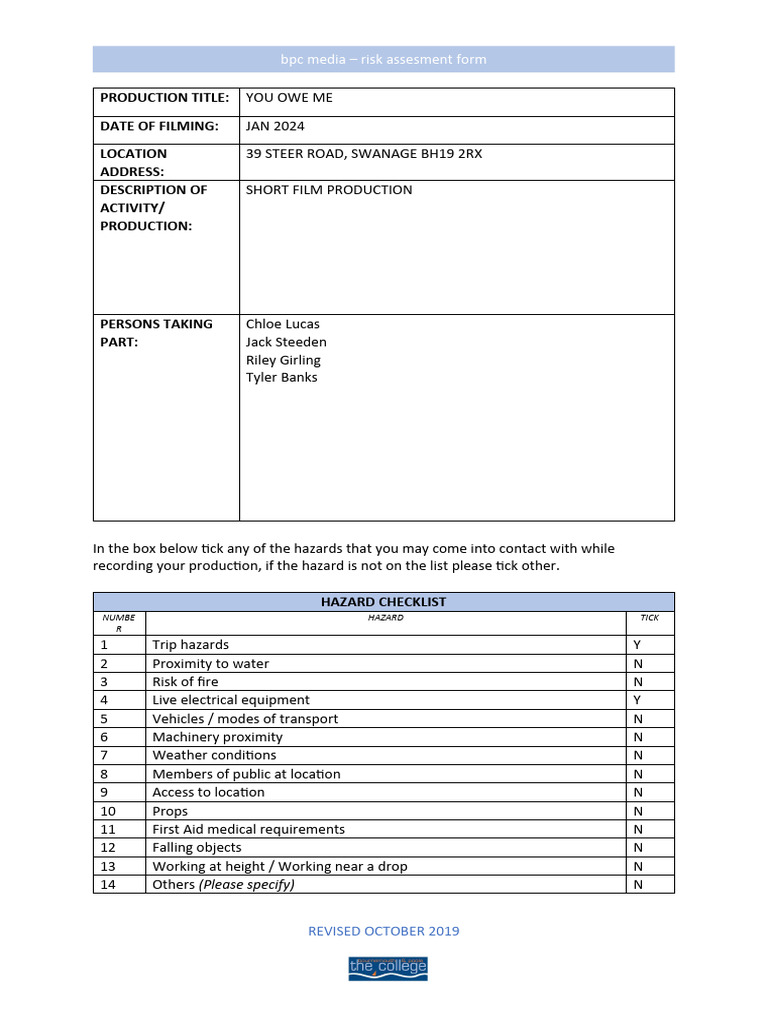 Short Film Production Risk Assessment | PDF | Occupational Safety And ...
