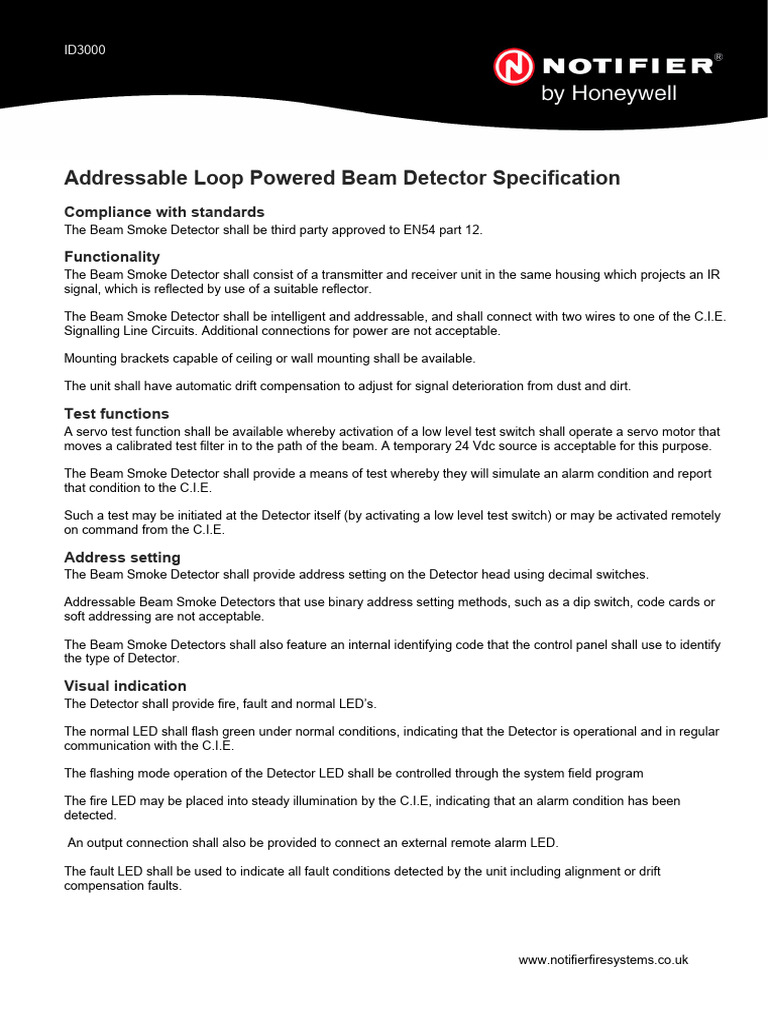 NOTIFIER Addressable Loop-Powered Beam Detector Specification | PDF ...