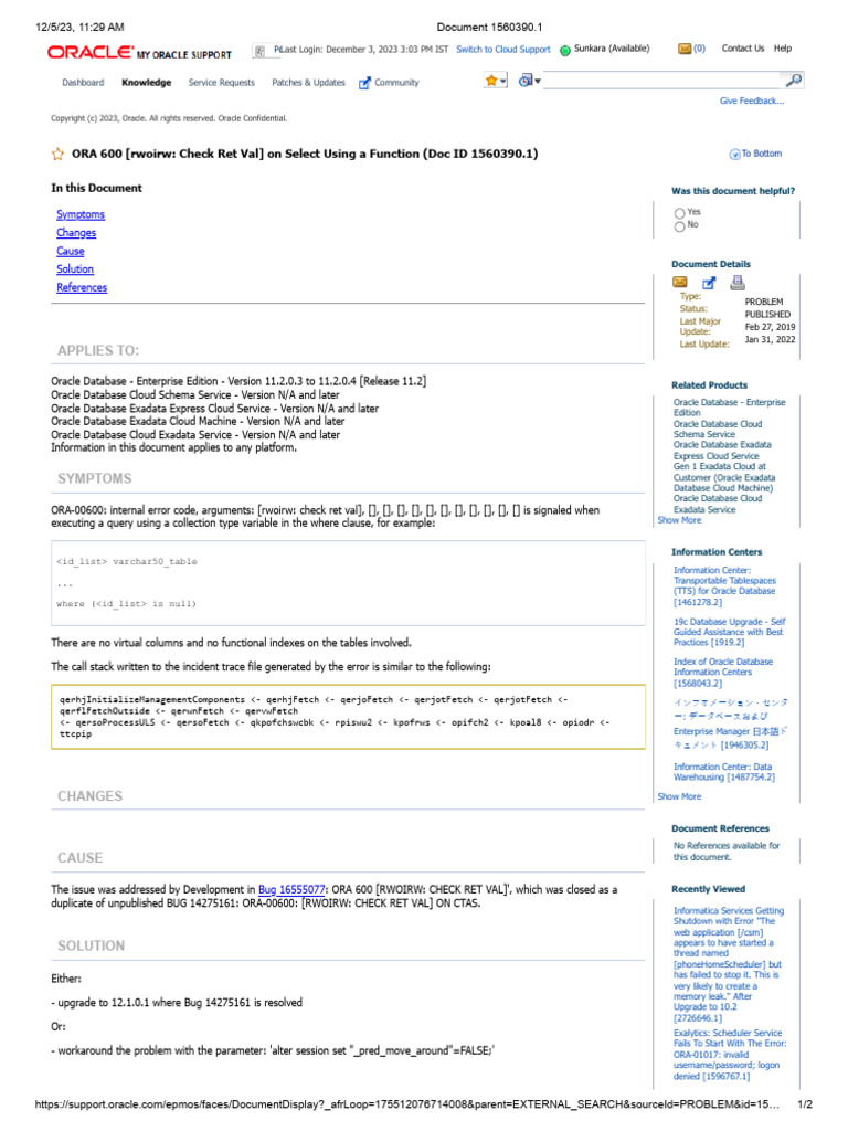 Document 1560390.1 - Database Error after Upgarade | PDF | Databases | Cloud Computing