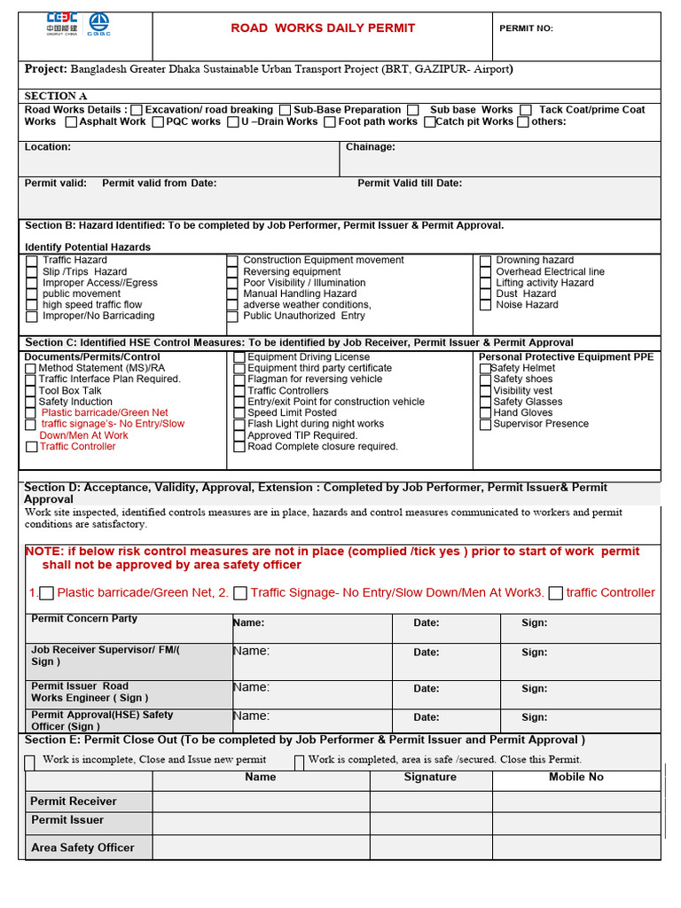 REVISED -ROADS WORKS DAILY PERMIT FORMAT | PDF | Personal Protective ...