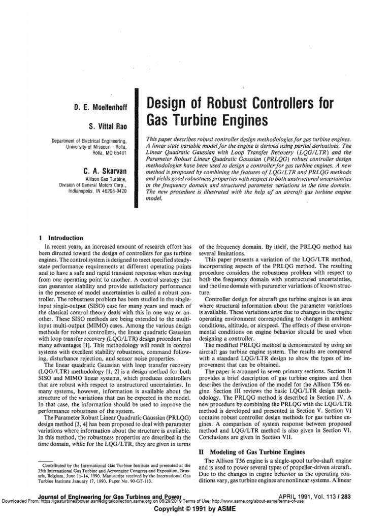 Design of Robust Controllers For Gas Turbine Engines: D. E. Moellenhotf S. Vittal Rao | PDF ...