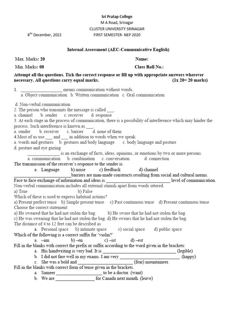 AEC Eng Lang Internal Assessment UG 1st Sem | PDF | Communication | Nonverbal Communication