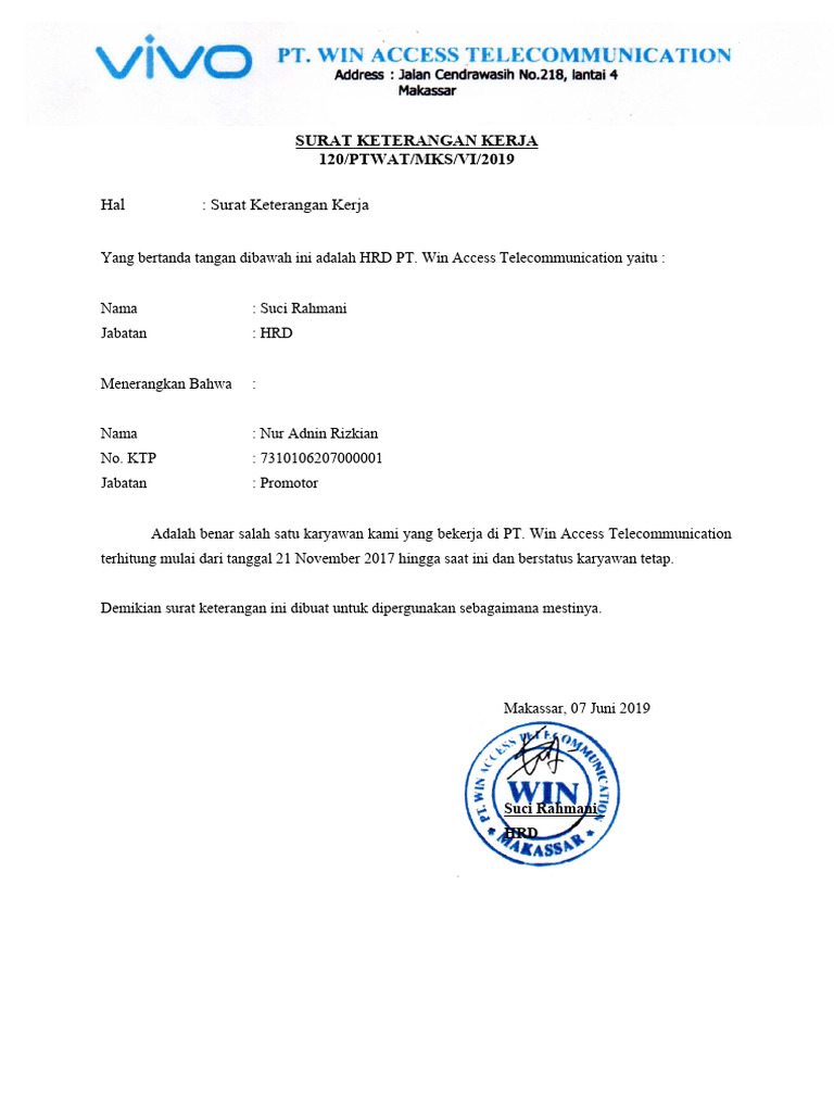 SURAT KETERANGAN KERJA VIVOrvuiom | PDF