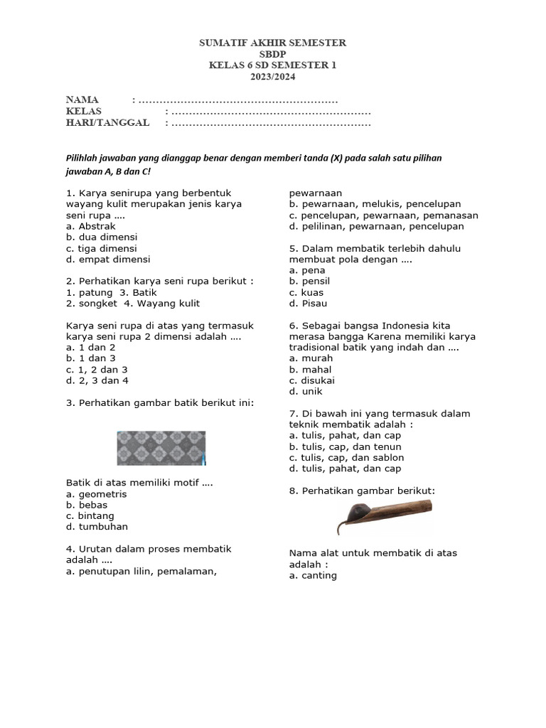Sumatif Akhir Semester SBDP KLS 6 | PDF