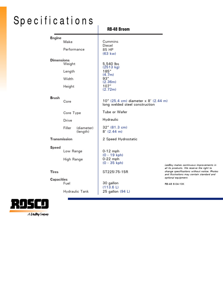 RB-48 Self-Propelled Broom Specs | PDF | Motor Vehicle | Land Vehicles