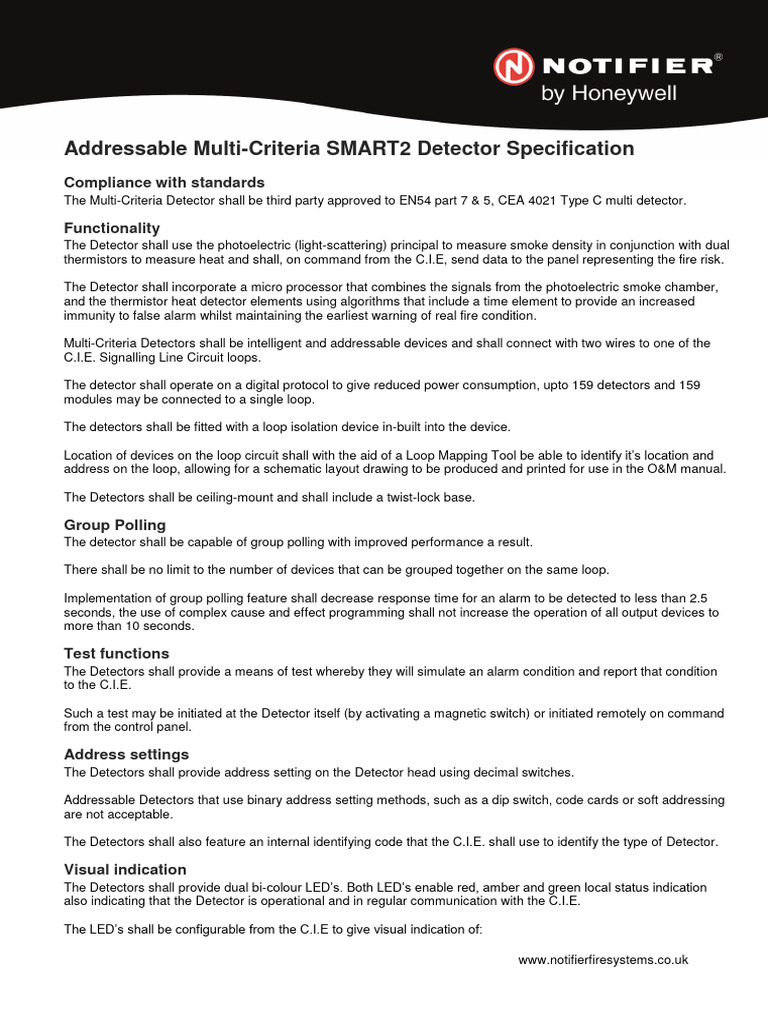 NOTIFIER Addressable Multi-Criteria SMART2 Detector Specification | PDF ...