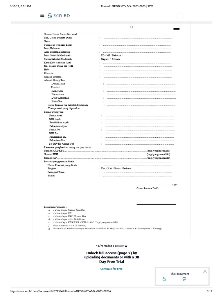Formulir PPDB MTs MA 2022-2023 - PDF | PDF