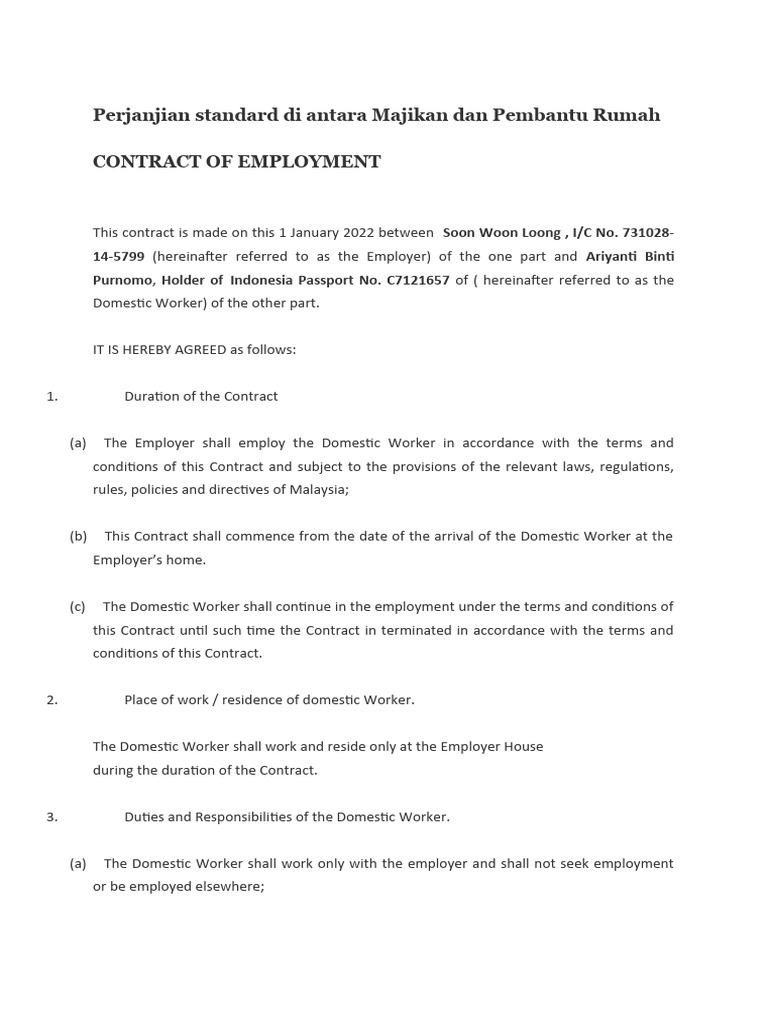 Standard Employment Contract for Helpers | PDF | Employment | Domestic ...