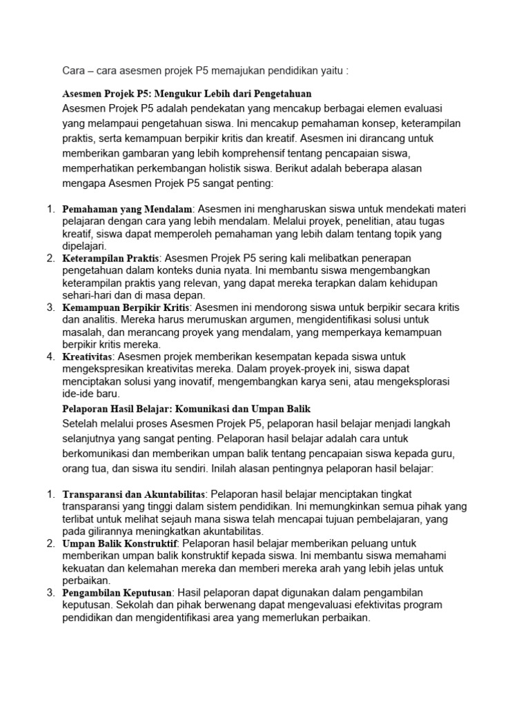 Cara - cara Assesment Project P5 memajukan pendidikan | PDF