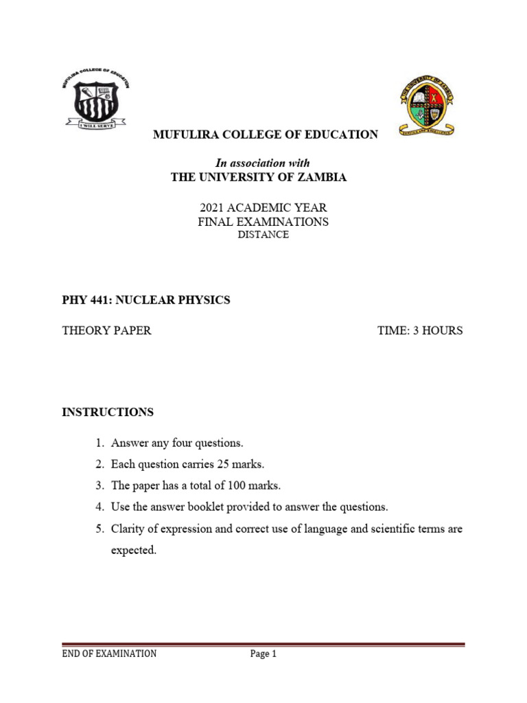 Phy 441 Exam 2021 Distance | PDF | Atomic Nucleus | Radioactive Decay