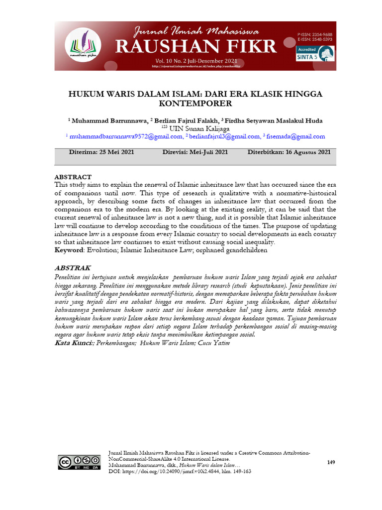 Hukum Waris Dalam Islam Dari Era Klasik Hingga Kontemporer. Jurnal Ilmiah Mahasiswa Raushan Fikr ...