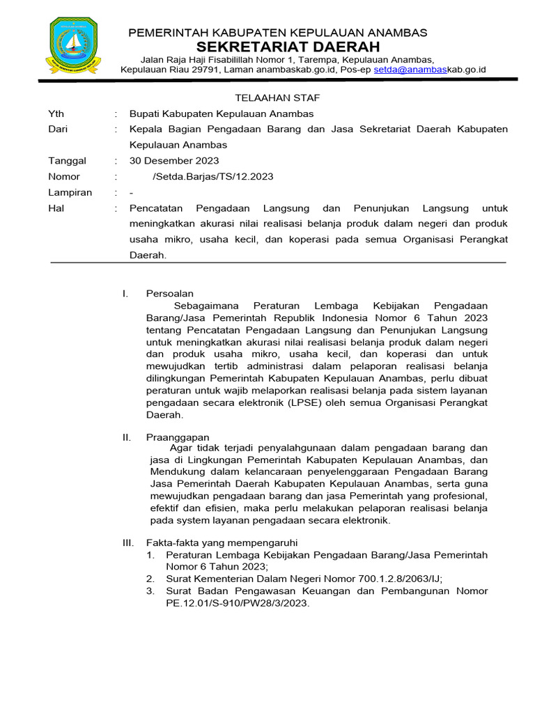 Telaahan Staf Pencatatan non tender 2024 | PDF