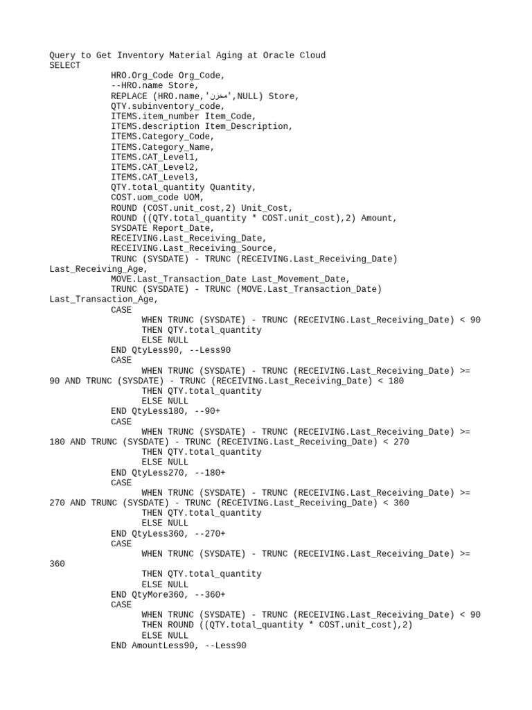 Oracle Inventory Aging Report Query | PDF | Data Management Software | Sql