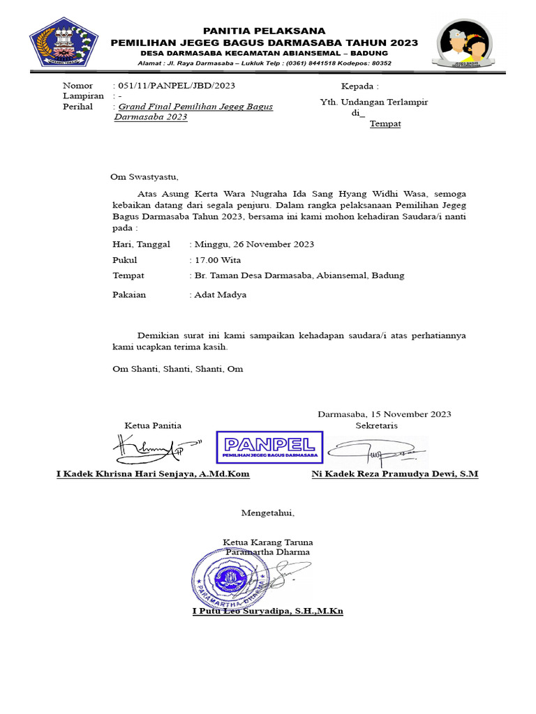 Surat Undangan Grand Final Jegeg Bagus Darmasaba 2023 | PDF