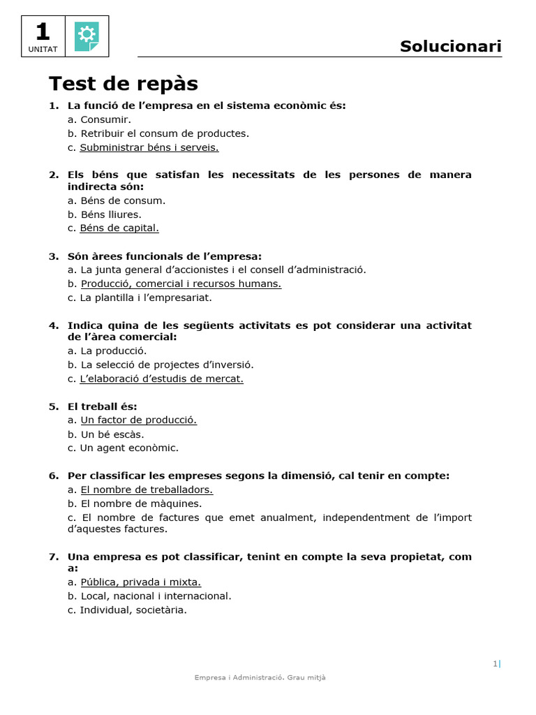 Solucionari Unitat 2 MC Graw Hill Empresa I Administracio | PDF