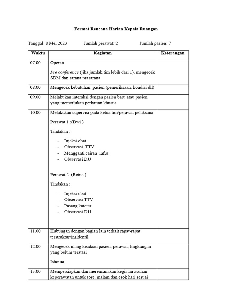 Format Rencana Harian Karu Katim Yunita | PDF