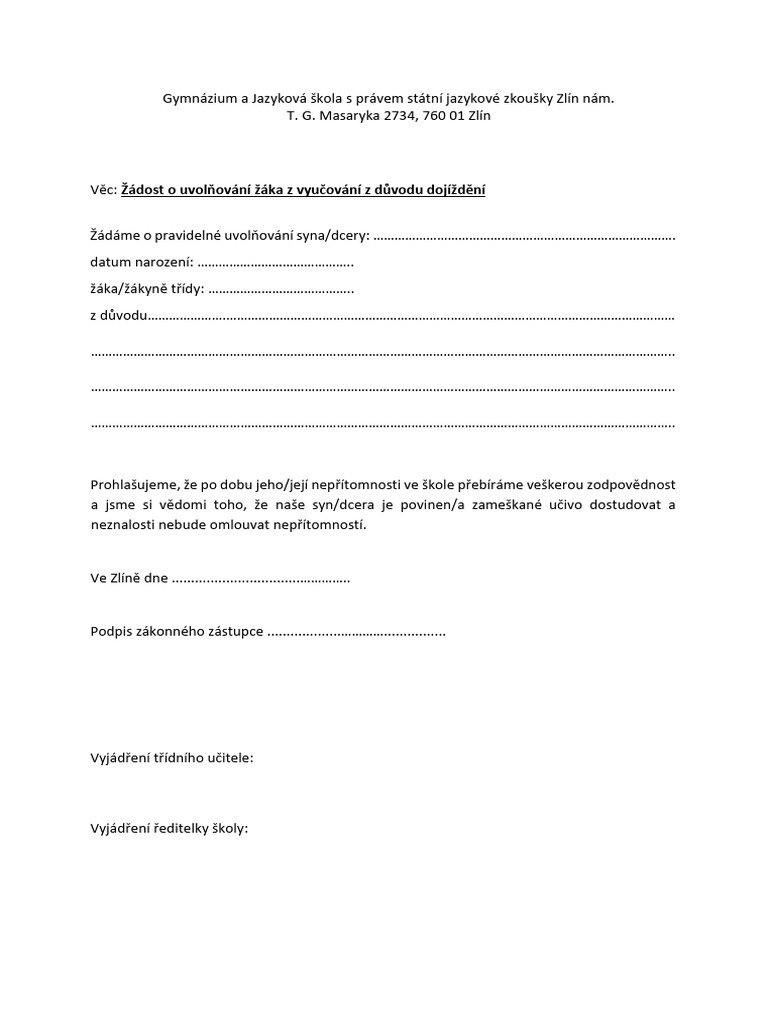 Zadost o Pravidelne Uvolnovani Zaka Z Vyucovani Doprava | PDF