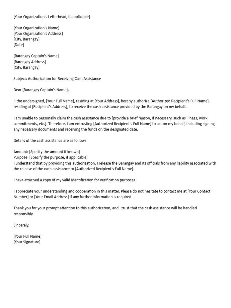Authorization Letter for Cash Assistance | PDF