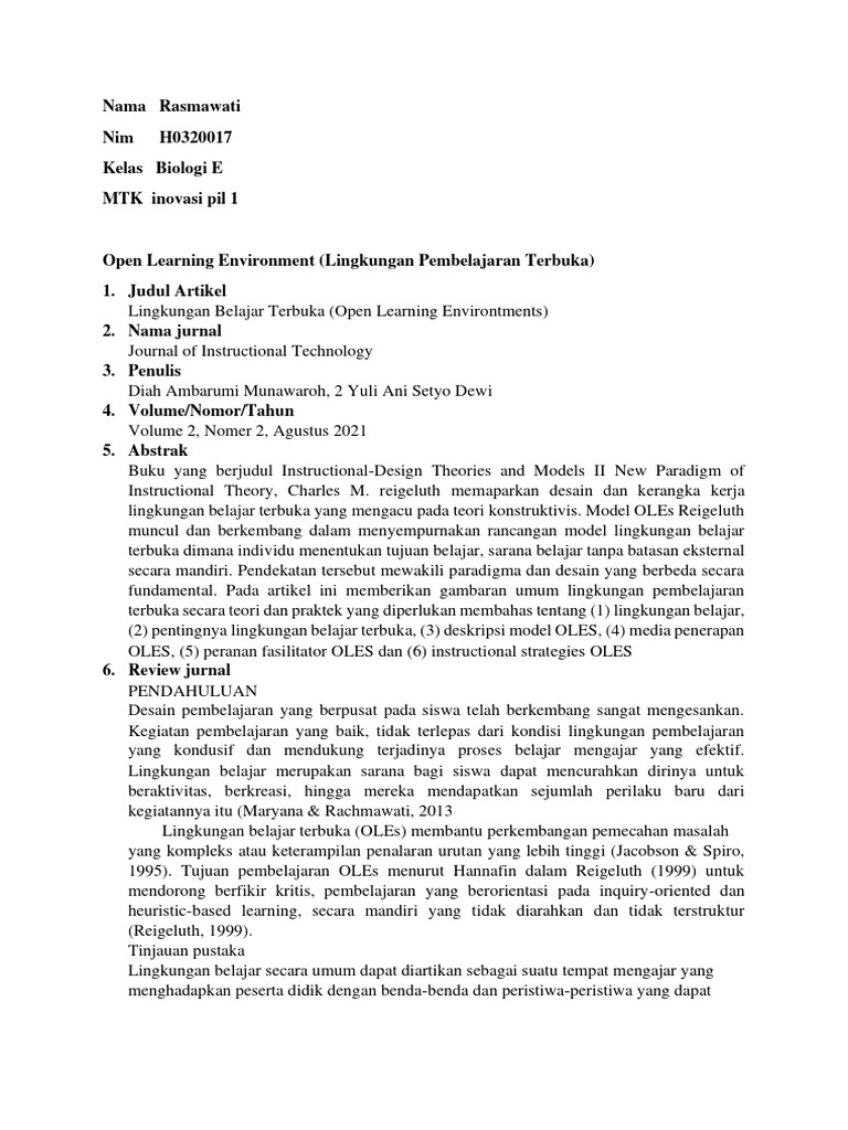 Open Learning Environment (Lingkungan Pembelajaran Terbuka) - Rasmawati - Inovasi Pil 1 | PDF