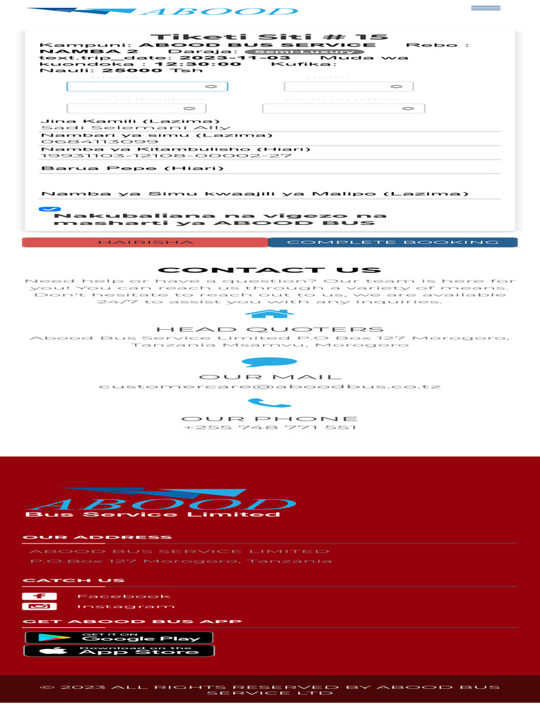 ABOOD BUS - Passenger Details, DAR ES SALAAM To IRINGA | PDF