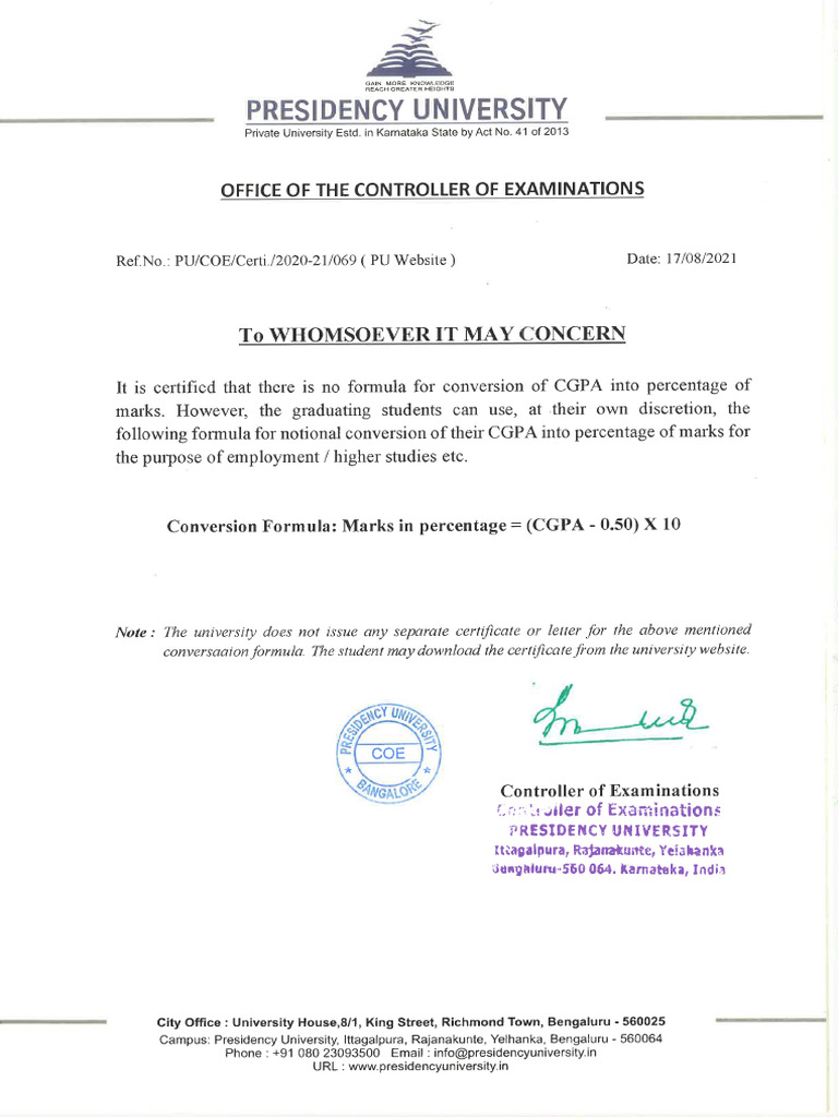 CGPA Conversion Certificate | PDF