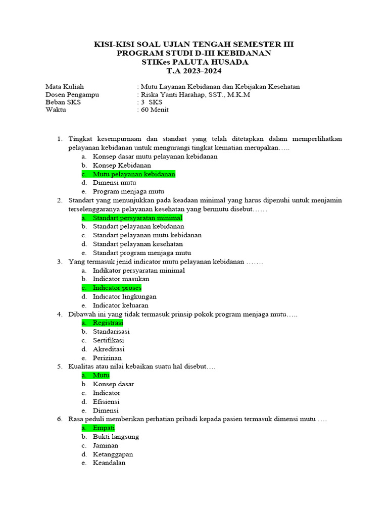 KISI2 Soal Uts Mutu-1 | PDF