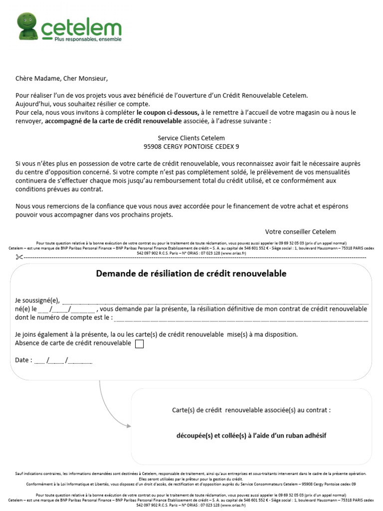 Résiliation du Crédit Renouvelable Cetelem | PDF | Crédit renouvelable ...