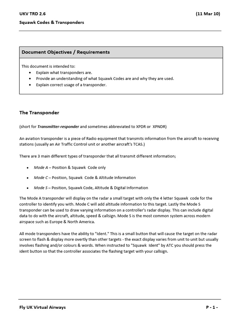 Understanding Transponders & Squawk Codes | PDF | Transponder ...