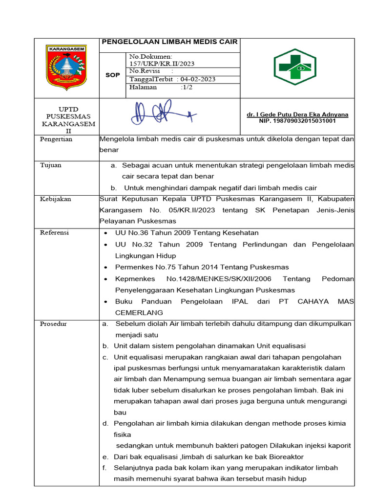 SOP Pengelolaan Limbah Medis Cair | PDF
