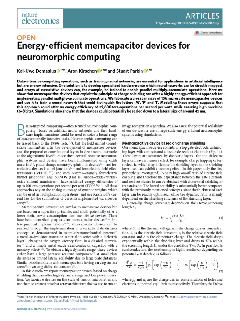 Energy-Efficient Memcapacitor Devices For Neuromorphic Computing | PDF | Capacitor | Artificial ...