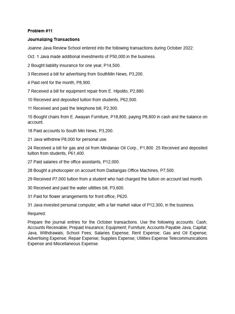 Journal Entries for October Transactions | PDF | Business | Finance ...