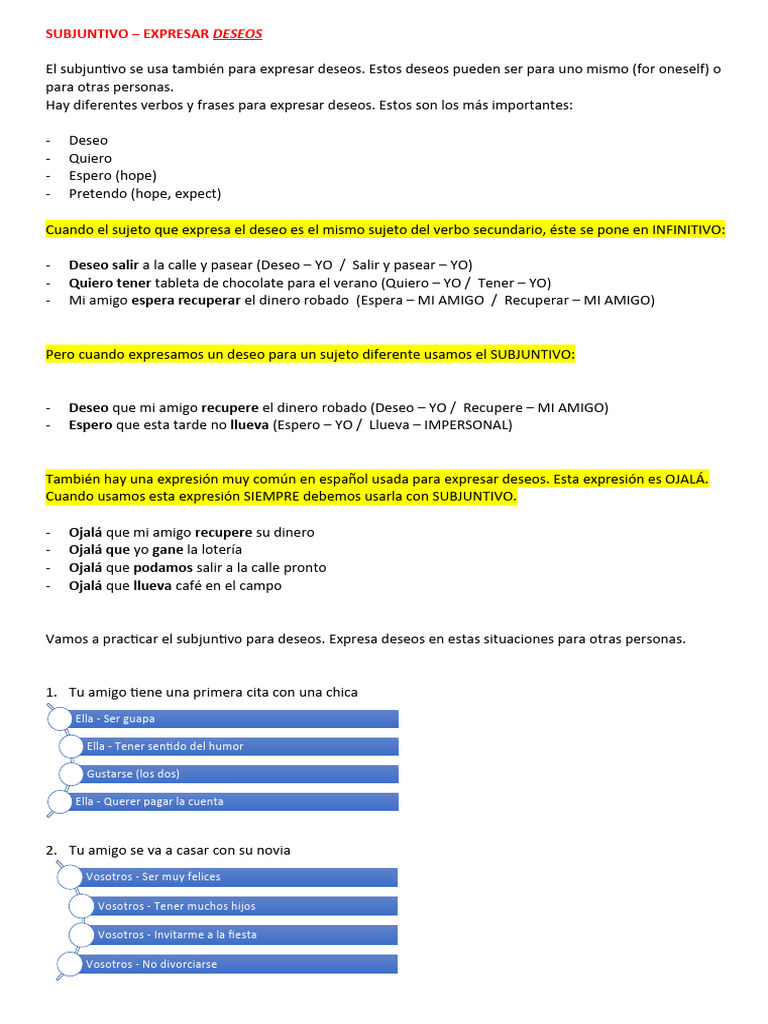 SUBJUNTIVO – EXPRESAR DESEOS | PDF