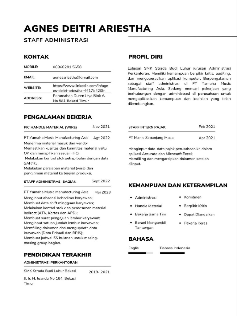 CV ATS Agnes Deitri Ariestha | PDF