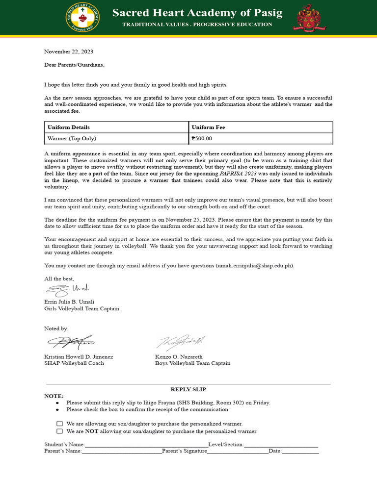 Shap Volleyball Team Warmer Reply Slip | PDF