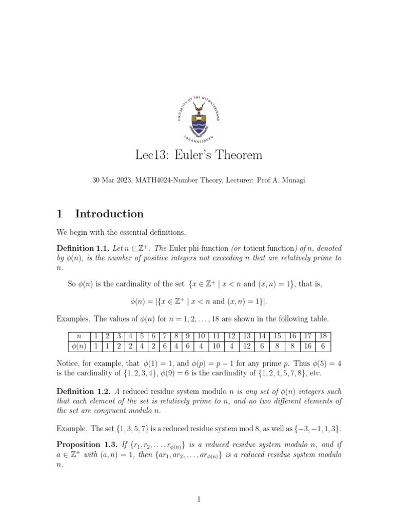 Lec13 Eulertheorem Pdf Numbers Ring Theory