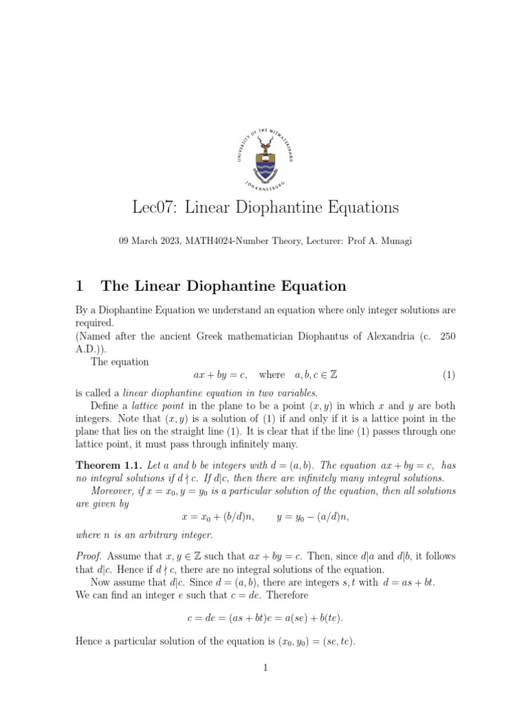 Lec07 LinearDiophEqns | PDF | Equations | Mathematical Analysis