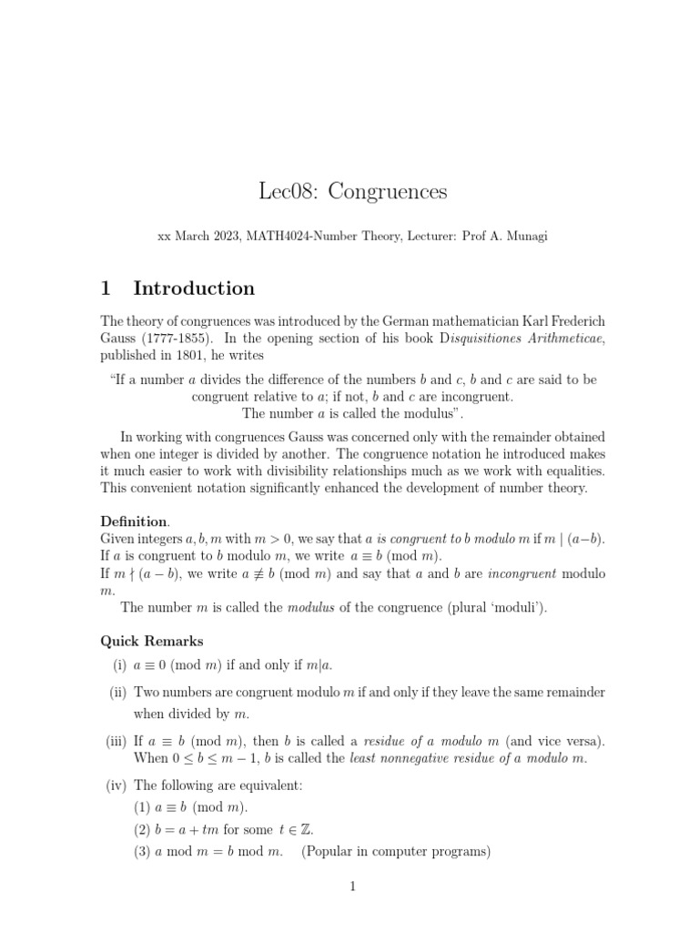 Lec08 Congruence | PDF | Ring Theory | Mathematical Concepts