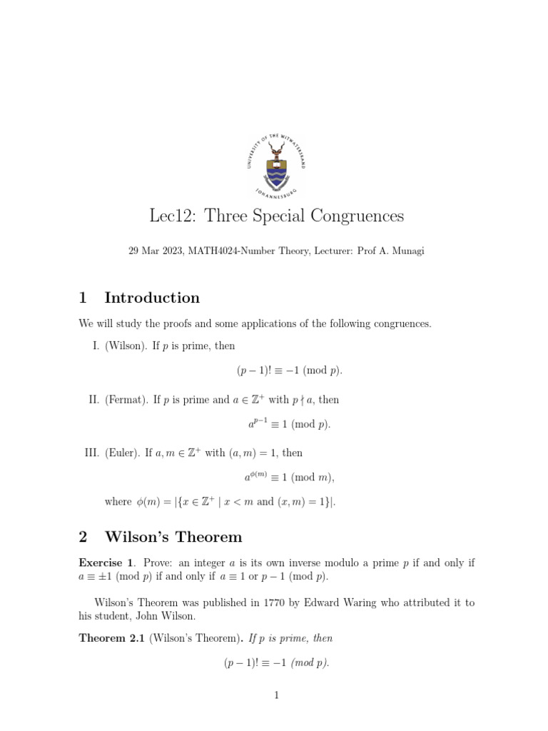 Lec12 SpecialCongruence | PDF | Prime Number | Arithmetic