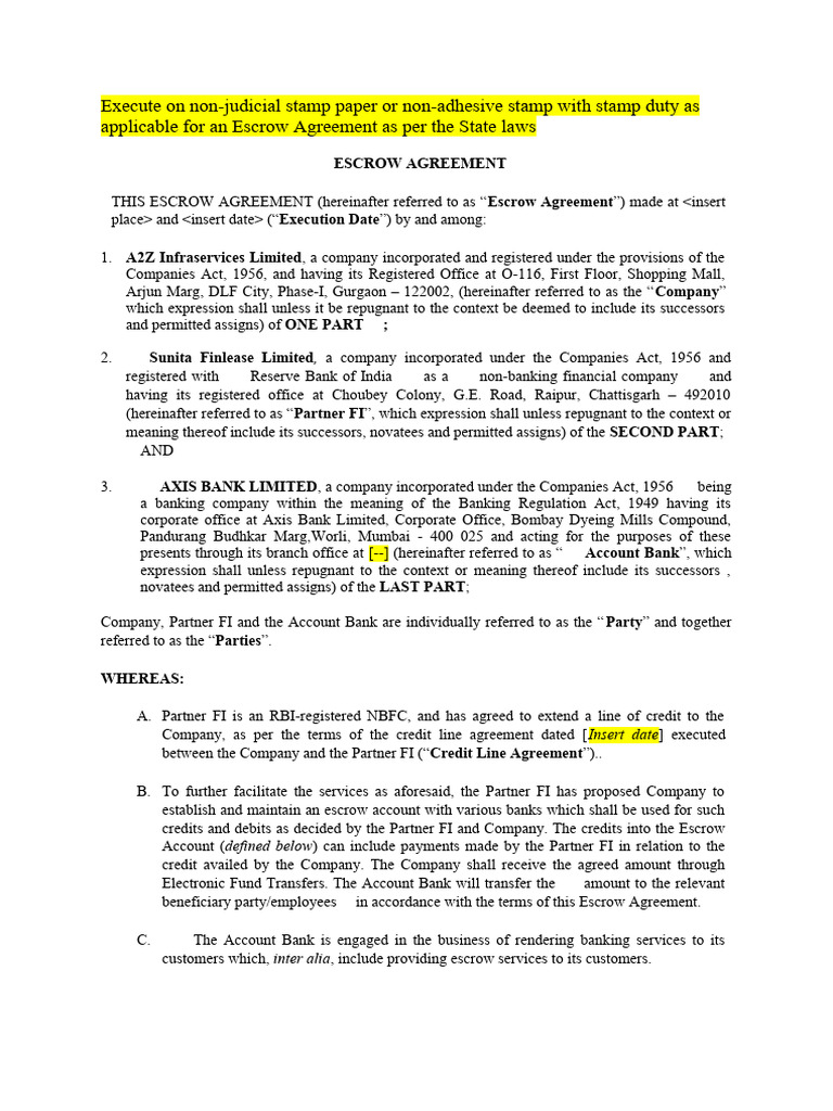 Tripartite Escrow Agreement - A2Z | PDF | Indemnity | Legal Liability