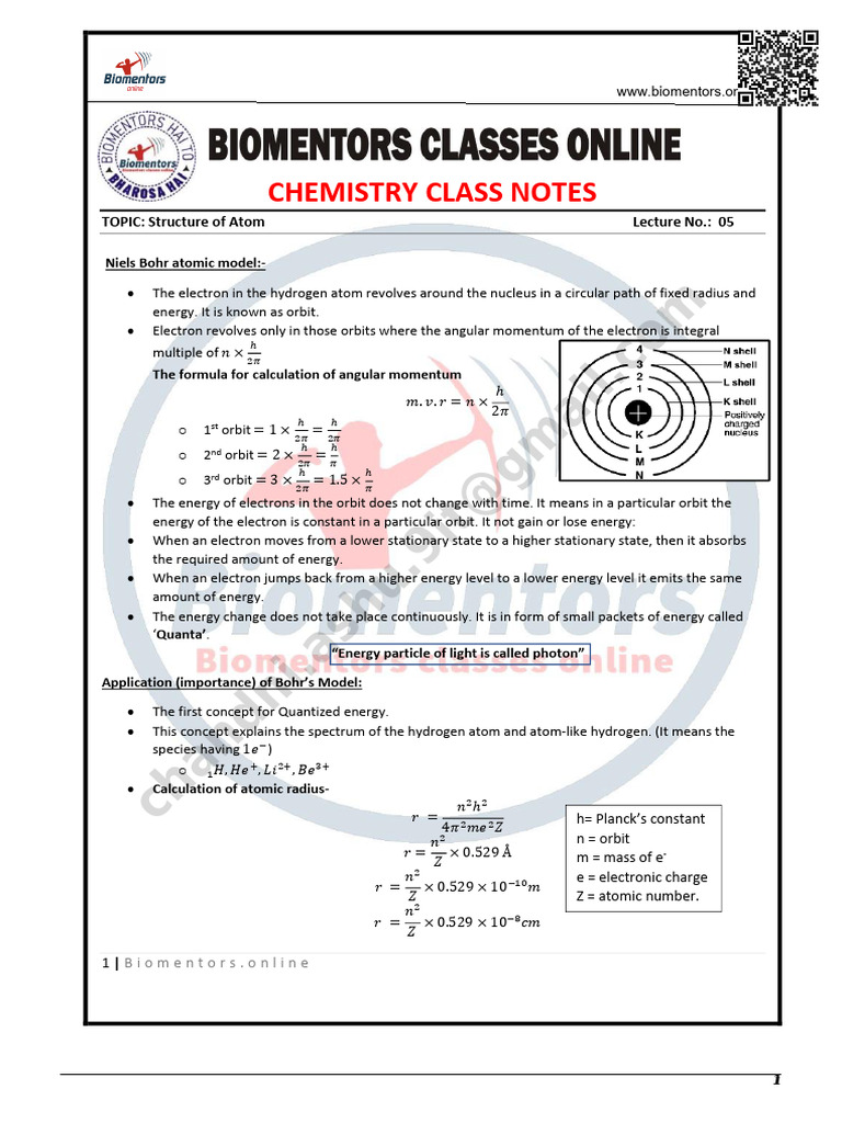 05 Structure of Atom CN (07-06-22)-min | PDF | Electron | Energy Level