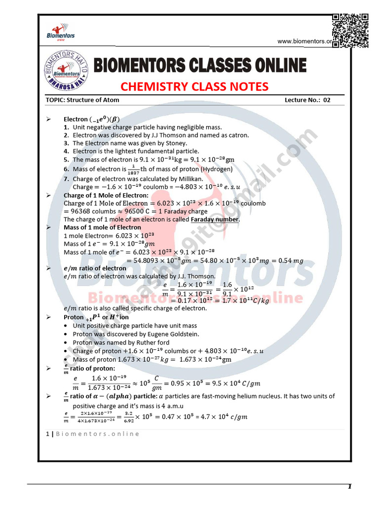 Chemistry Notes: Structure of Atom | PDF | Proton | Electron