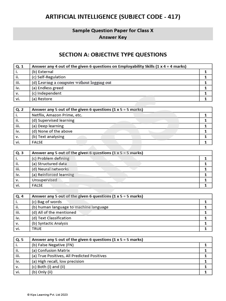 AI Class 10 Sample Paper 1 Answer Key | PDF | Machine Learning ...