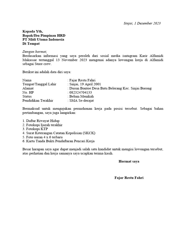 Surat Lamaran Alfamidi | PDF