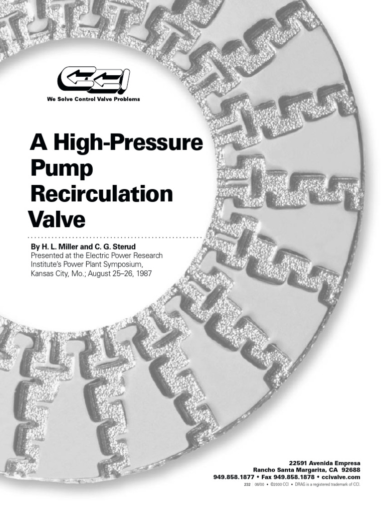 A High-Pressure Pump Recirculation Valve: by H. L. Miller and C. G. Sterud | PDF | Valve | Pump